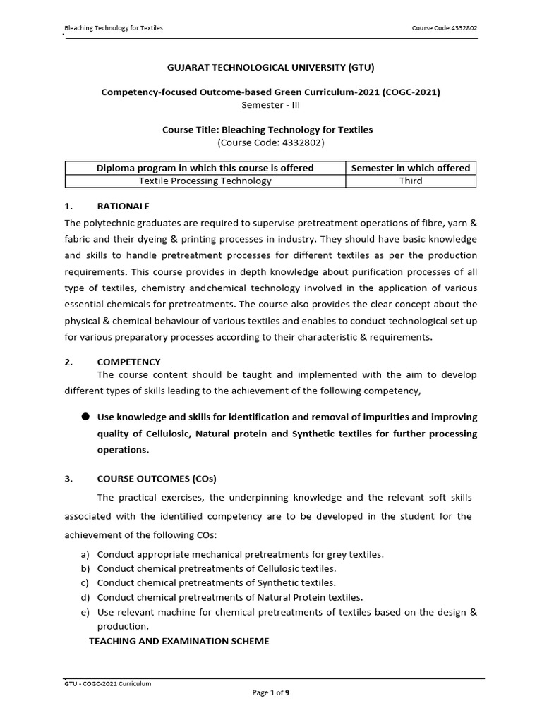 Bleaching Technology For Textiles Course Code:4332802 | PDF | Textiles ...