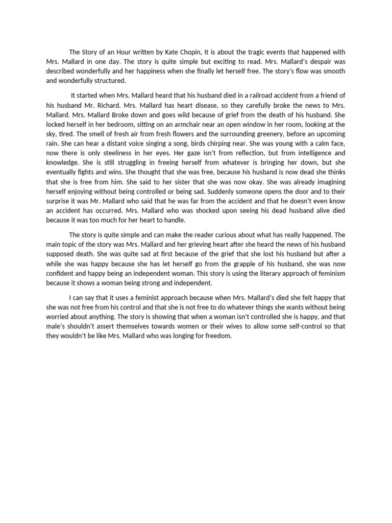 The Story of An Hour Written by Kate Chopin | PDF | Mystery, Thriller ...