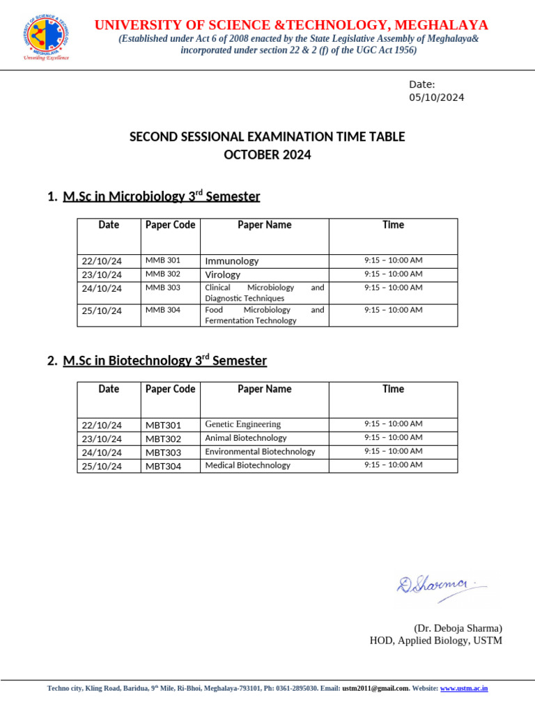 USTM October 2024 Exam Timetable | PDF | Biotechnology | Microbiology