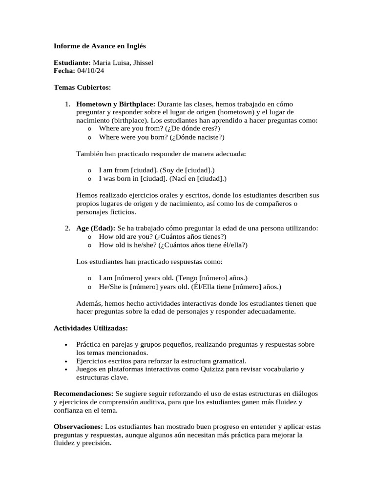 Informe de Avance en Inglés | PDF