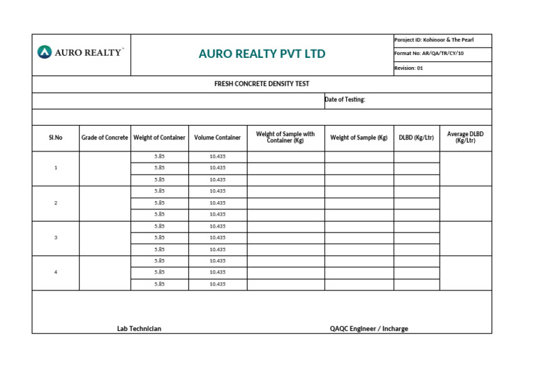 Fresh Concrete Density Test Report | PDF