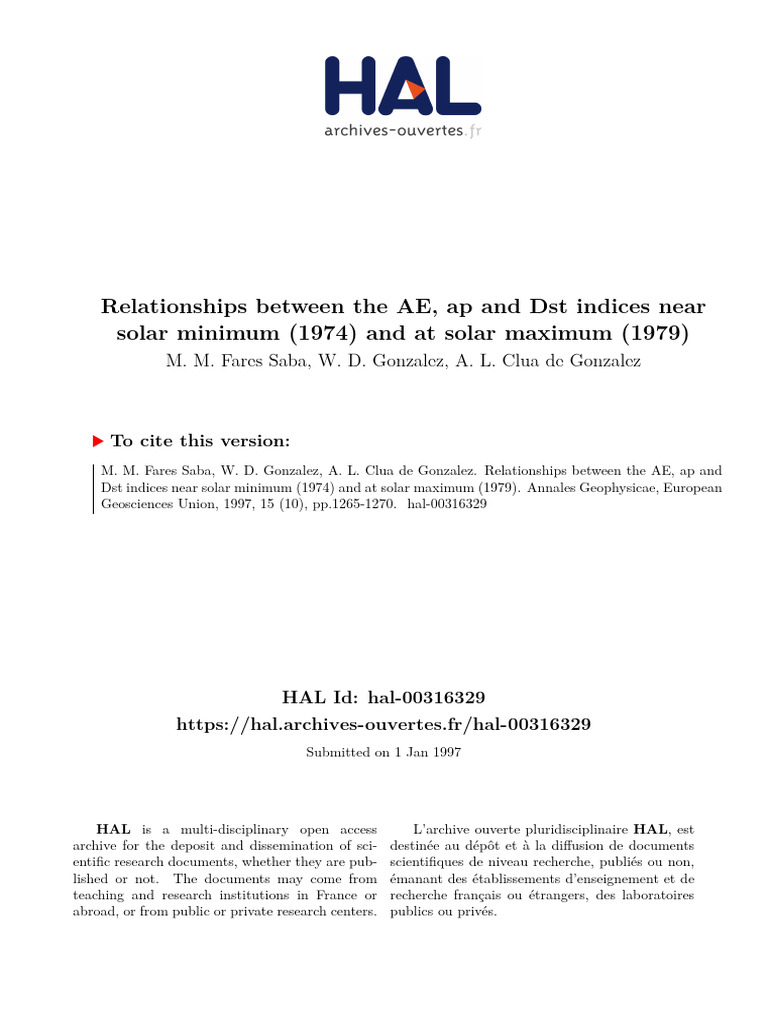 Gonzales (1997) Relationships Between The AE, AP and DST Indices Near ... Gonzales (1997) Relationships Between The AE, AP and DST Indices Near ...