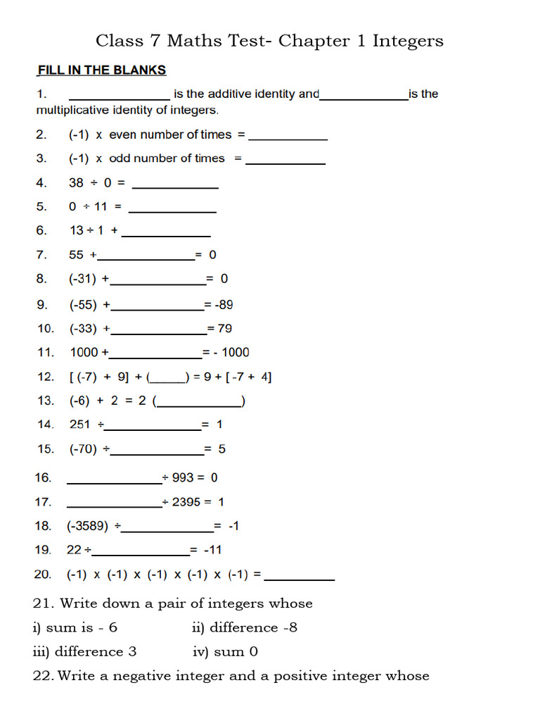 Class 7 Maths Test (Integers) | PDF | Integer | Mathematics