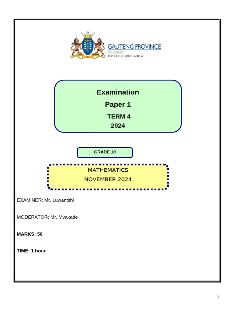 November EXAMINATION Paper 1 Term 4 Grade 10 2024 | PDF