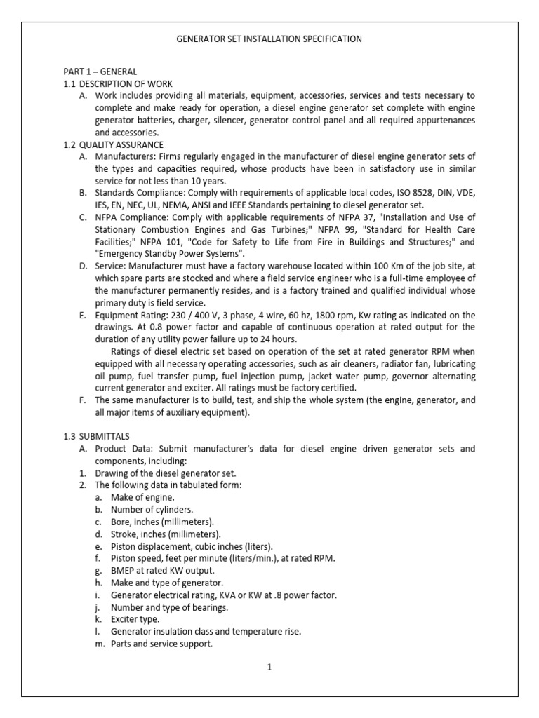 Gen Set Specs | PDF | Electrical Engineering | Electricity