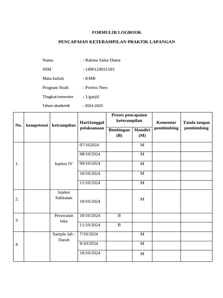 Logbook Keterampilan Praktik Ners 2024 | PDF