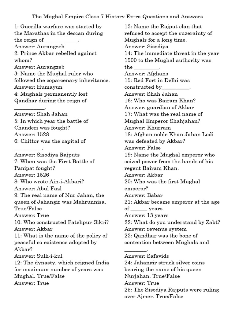The Mughal Empire Class 7 History Extra Questions and Answers | PDF ...