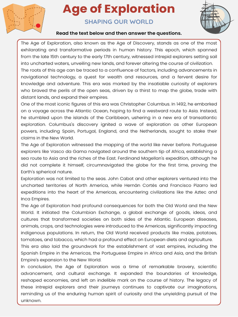 Age of Exploration Reading Comprehension | PDF | Age Of Discovery | New ...
