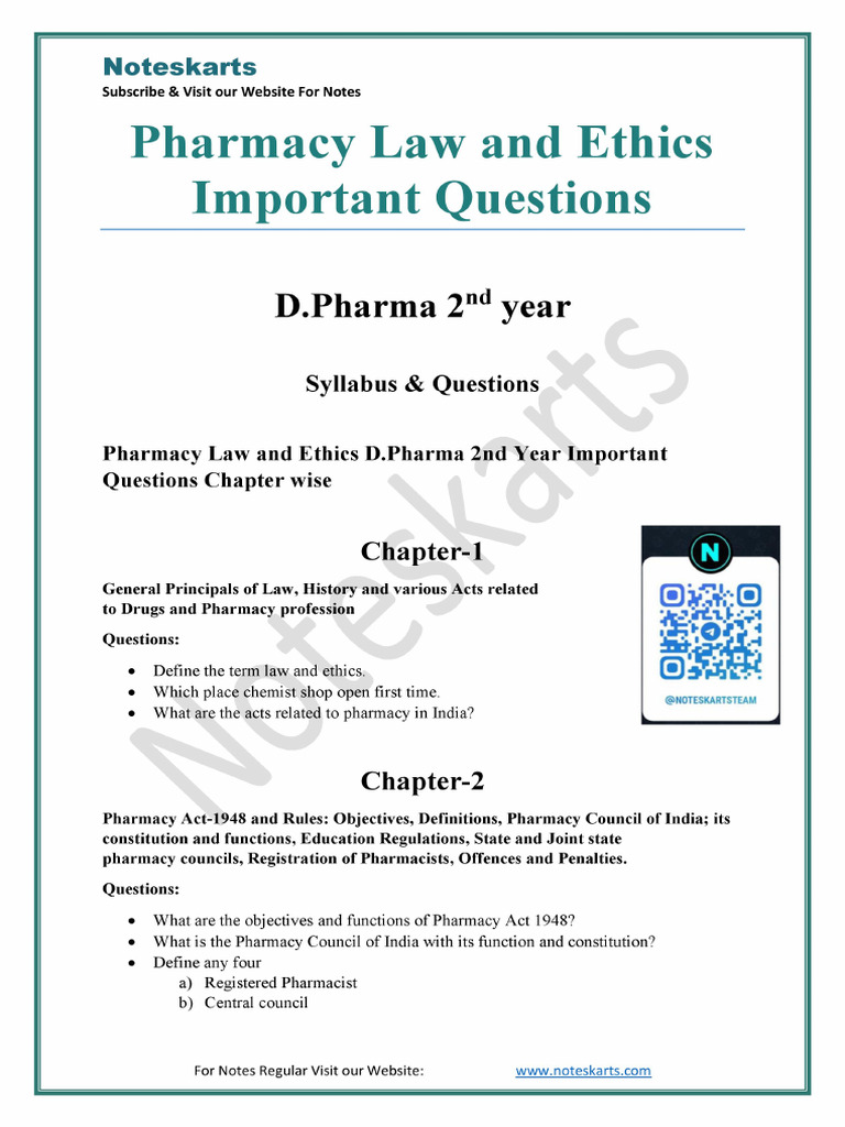 Pharmacy Law and Ethics D.pharma 2nd Year Important Questions Chapter ...