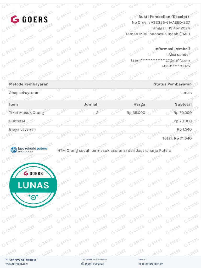 Receipt Taman Mini Indonesia Indah (TMII) - 13042024 - V32355-61AA2ED ...