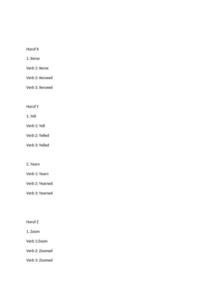 Huruf X 1. Xerox Verb 1: Xerox Verb 2: Xeroxed Verb 3: Xeroxed | PDF