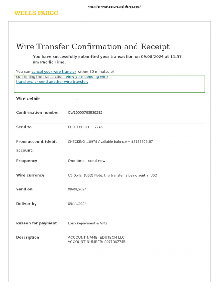 Wells Fargo Wire Transfer Confirmation and Receipt | PDF | Wire ...