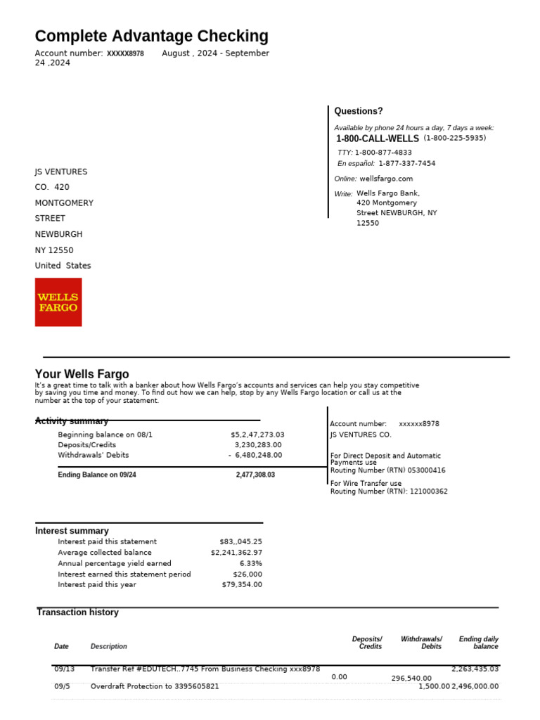Wells Fargo Bank Statement | PDF | Transaction Account | Service Industries
