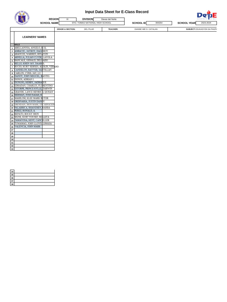 E-Class Record for Edukasyon 2023-2024 | PDF