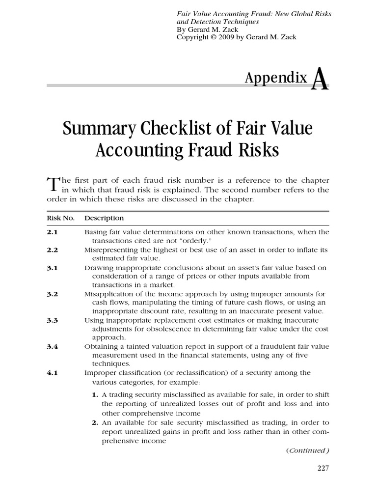 Fair Value Accounting Fraud - 2012 - Zack - Summary Checklist of Fair ...