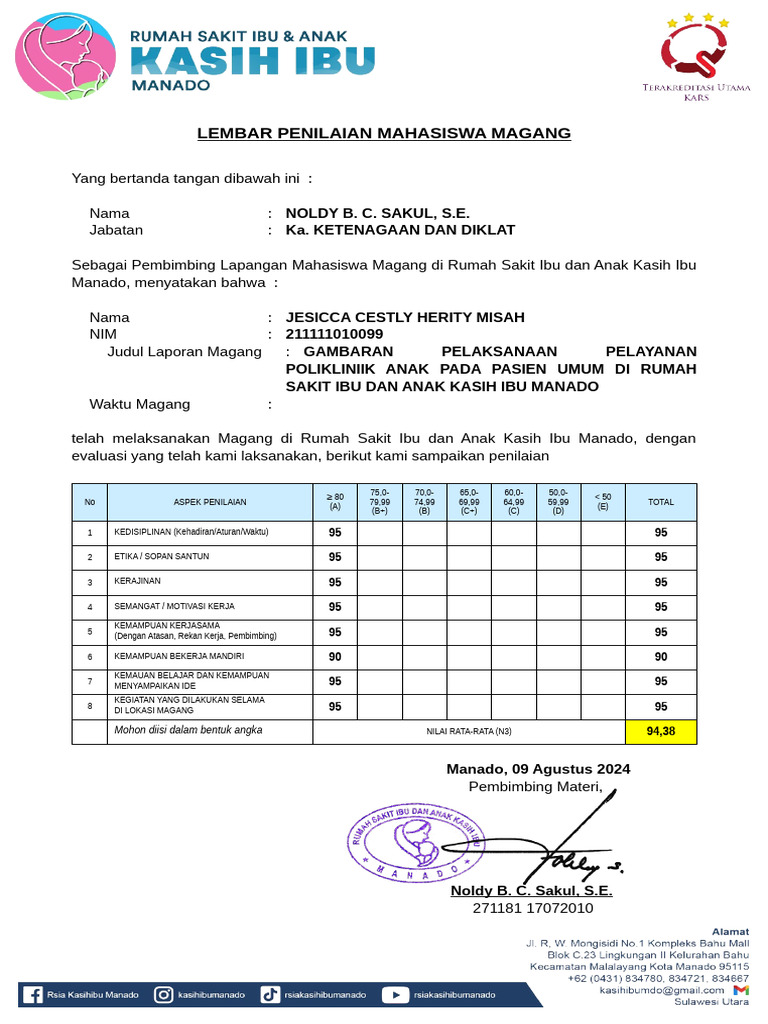 2024 - Lembar Penilaian Mahasiswa Magang | PDF