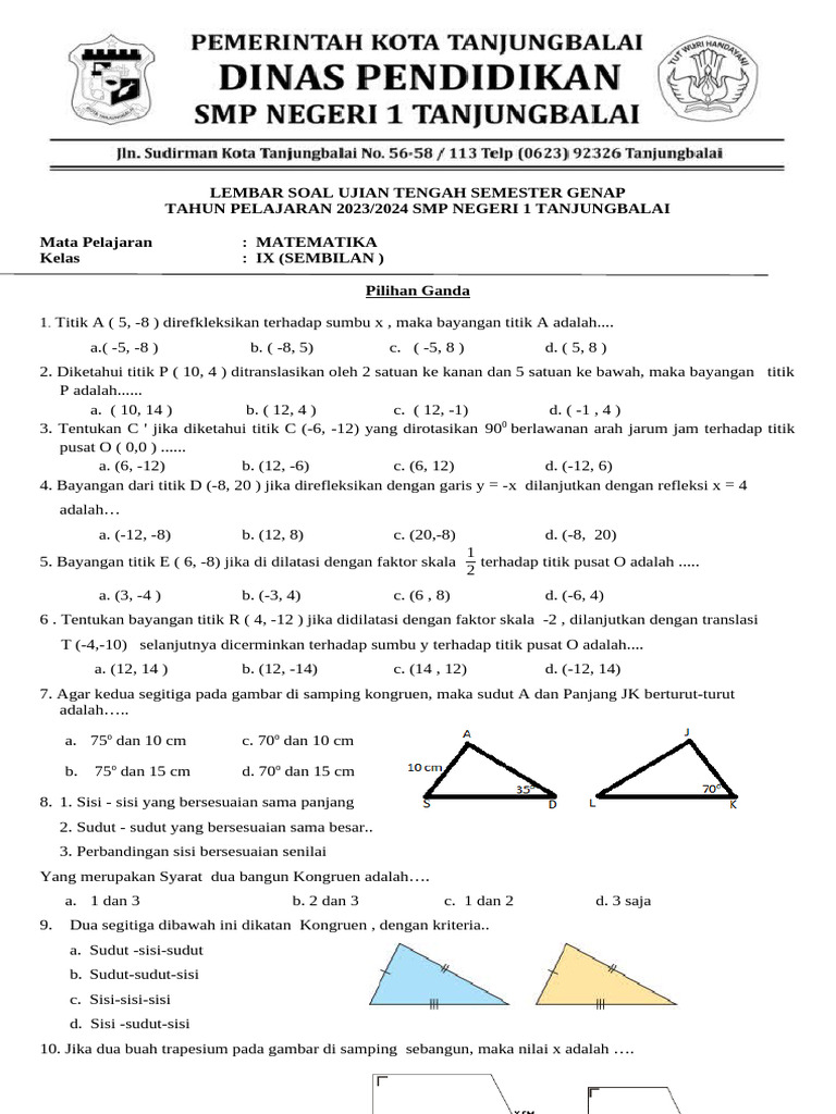 Sudah SOAL MTK MID 2023-2024 - KLS 9 - DN | PDF