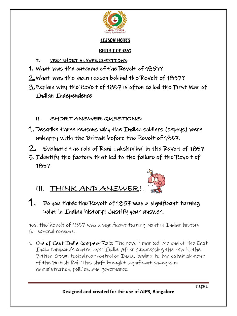 Lesson Notes - Revolt of 1857 GR 8 | PDF | Indian Rebellion Of 1857 ...