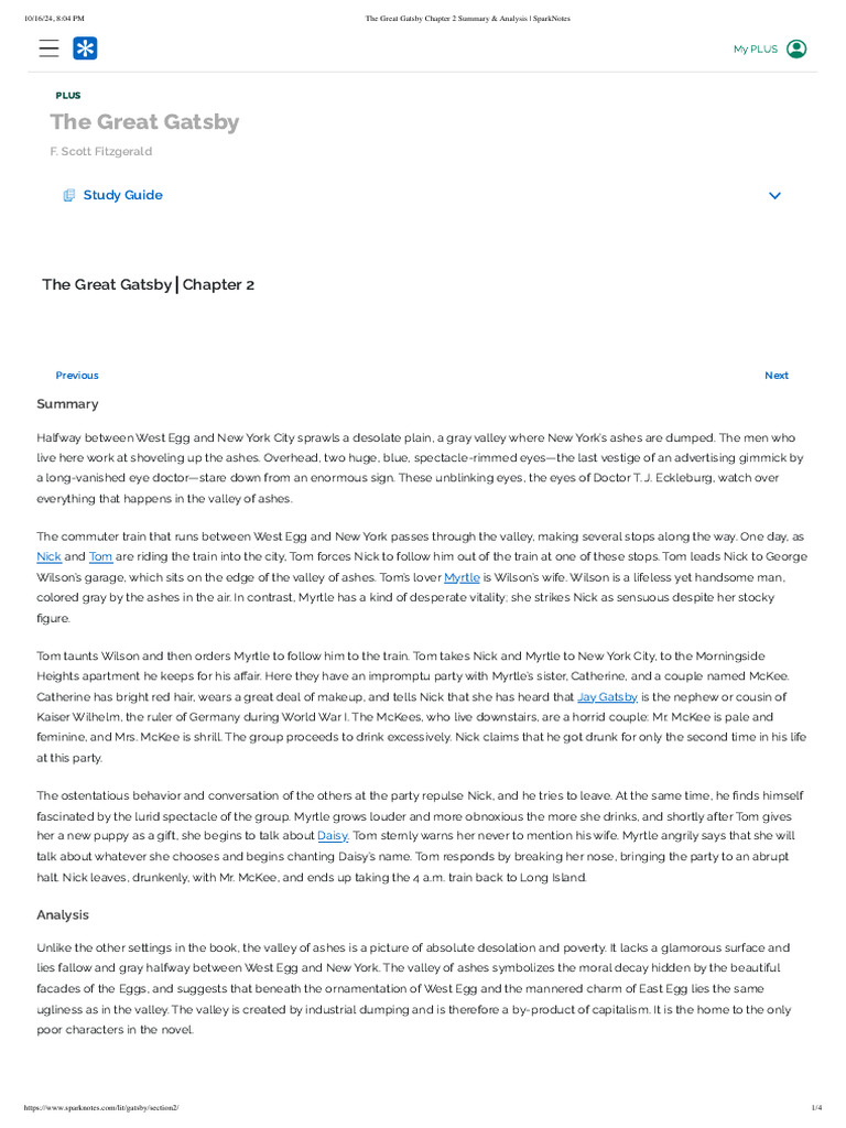 English - The Great Gatsby Chapter 2 Summary & Analysis SparkNotes ...