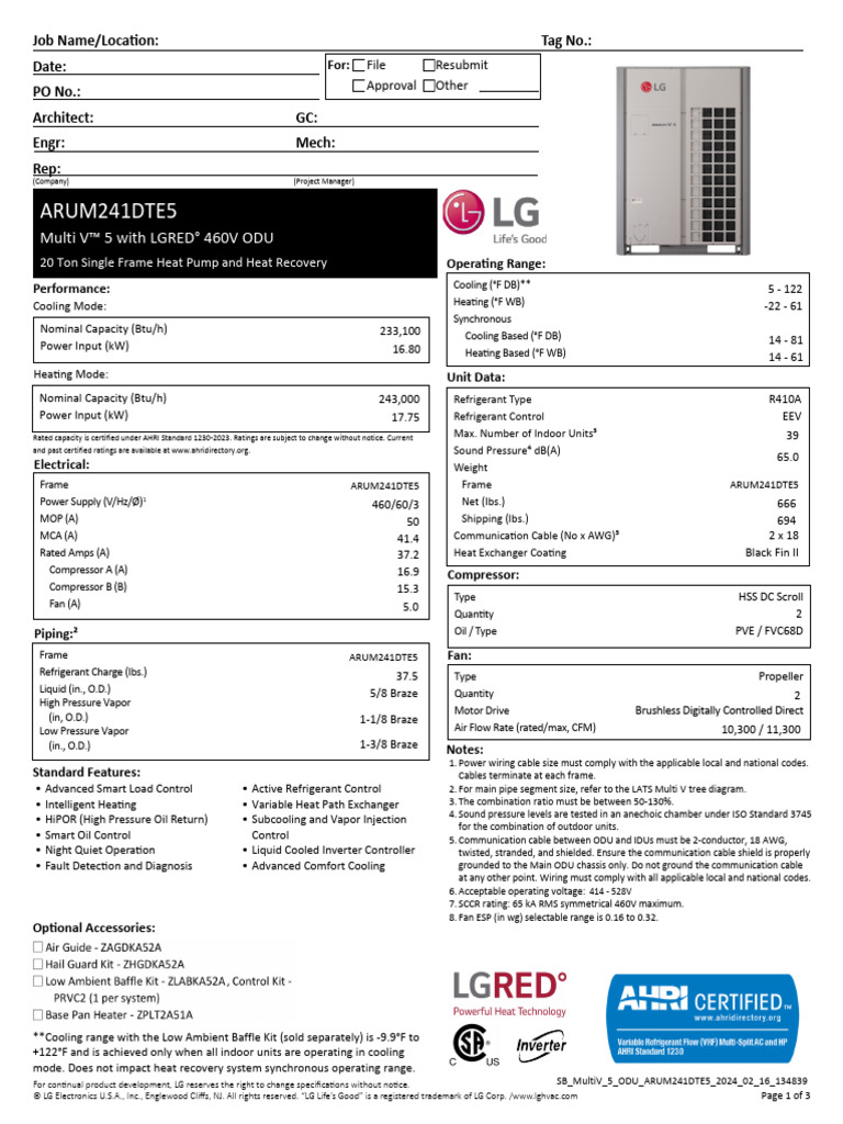SB MultiV 5 ODU ARUM241DTE5 | PDF | Heat Pump | Electrical Wiring