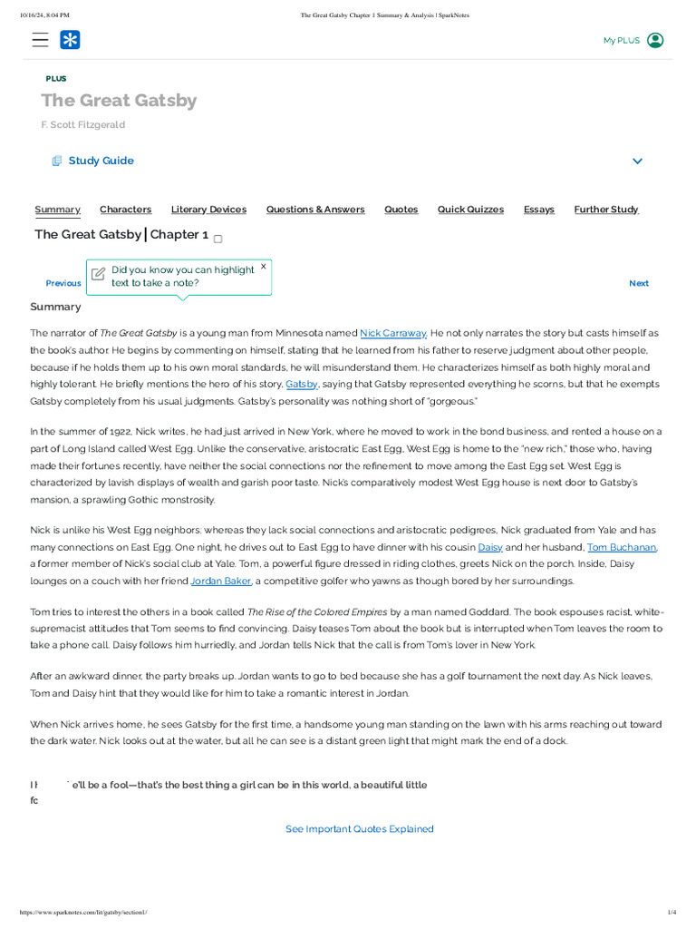 The Great Gatsby Chapter 1 Summary | PDF | The Great Gatsby