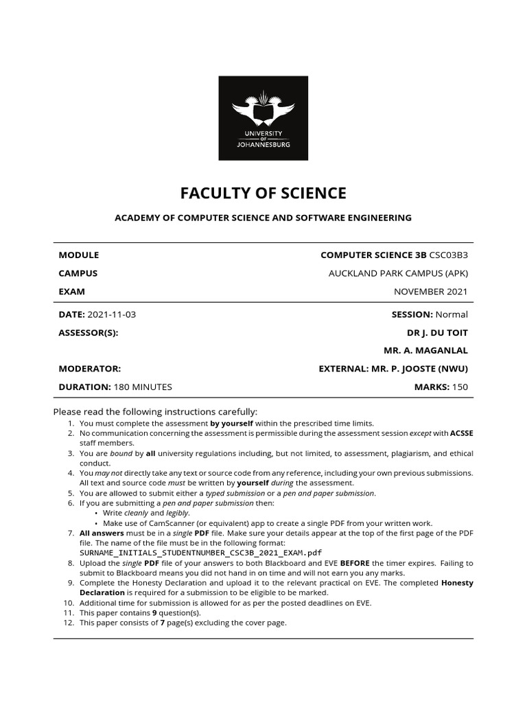 Computer Science 3B 2021 Exam - ACSSE - CSC3B - 2021 - EXAM - MAIN | PDF | Computer Data ...