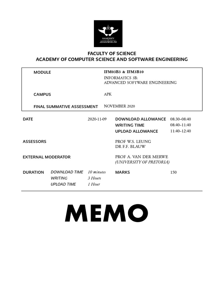 Informatics 3B 2020 Exam Memo - ACSSE - IFM03B3-IFM3B10 - 2020 - SA3-1 - FSAO-2-Memo | PDF ...