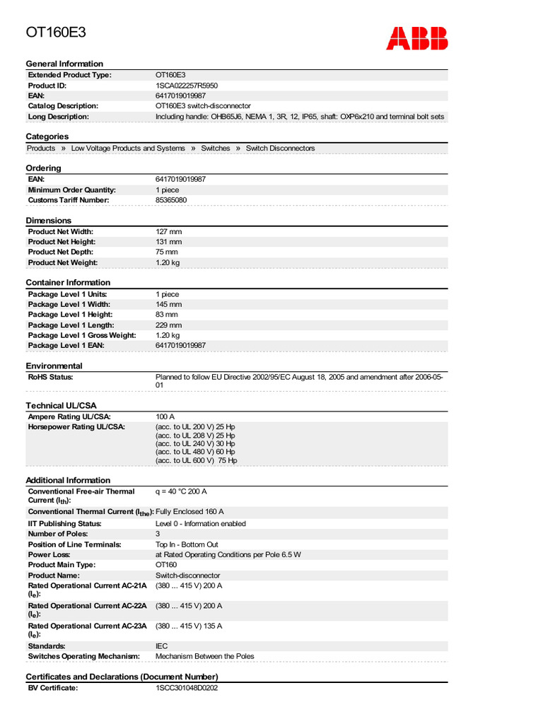 1sca022257r5950 Ot160e3 Switch Disconnector | PDF | Electricity ...