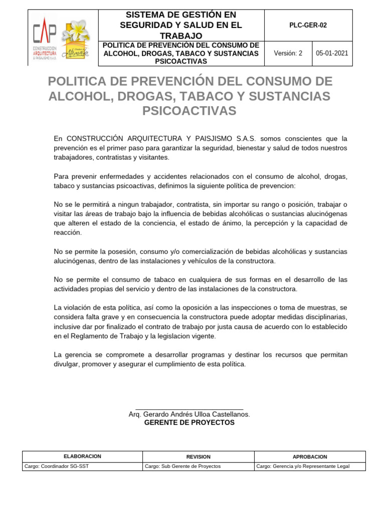 Plc-Ger-02 Politica de Prevencion Del Consumo de Alcohol Drogas Tabaco y Sustancias ...