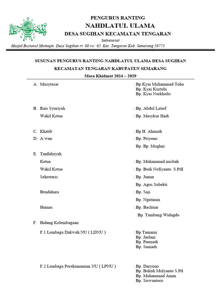 Susunan Pengurus Ranting Nu Sugihan Khidmat 2024 2029 | PDF