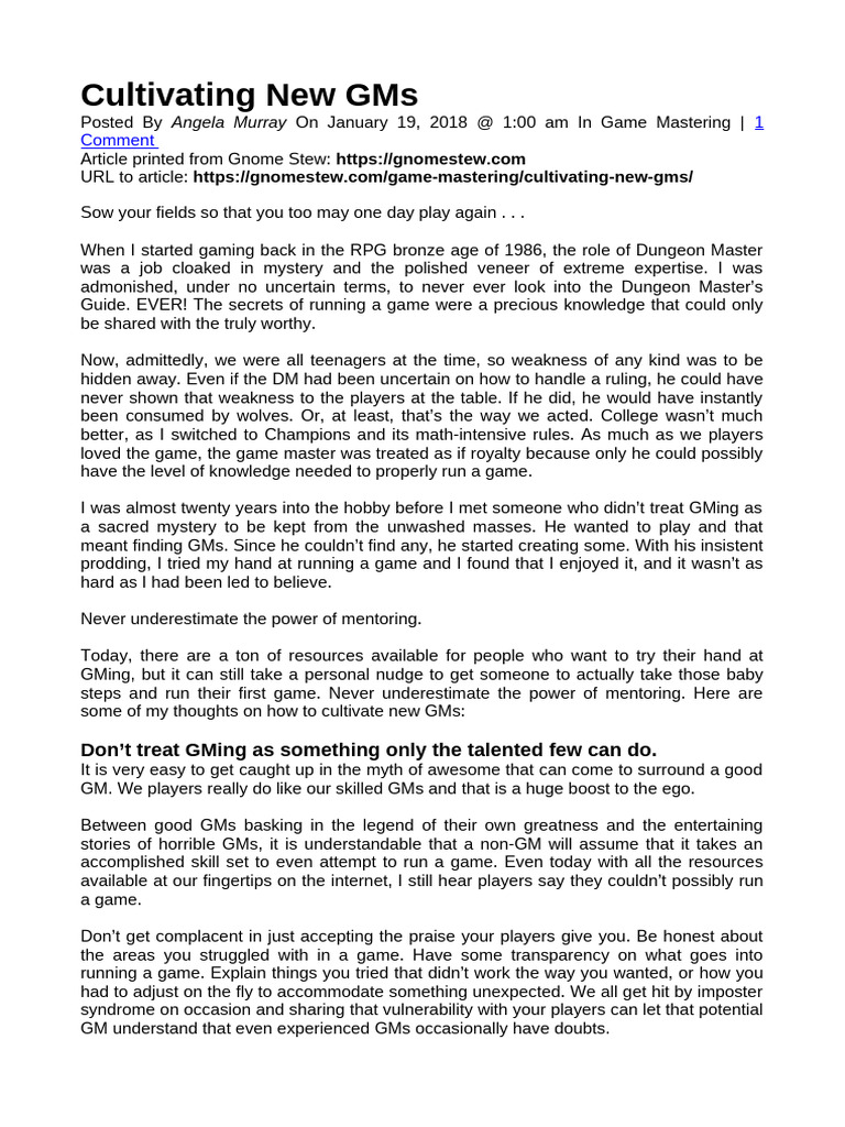 Gnome Stew - Cultivating New GMs | PDF | Role Playing Games