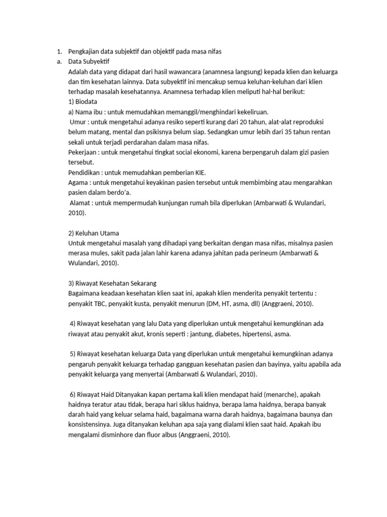 Pengkajian Data Subjektif Dan Objektif Pada Masa Nifas | PDF | Kesehatan Holistik | Sains ...