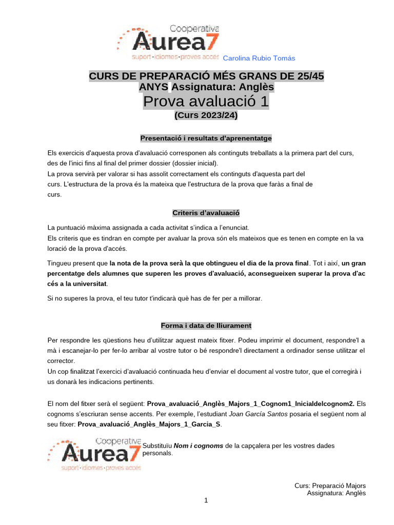 Prova_avaluació_Anglès_Majors_1B_Rubio_T | PDF | Earth Sciences