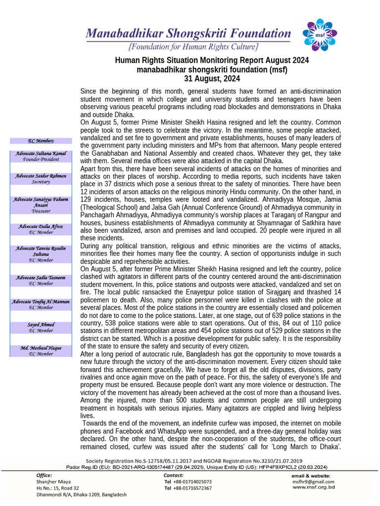 Human Rights Monitoring Report AUGUST 2024 | PDF | Rape | Violence ...