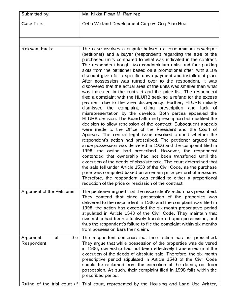Cebu Winland Development Corp Vs Ong Siao Hua | PDF | Complaint ...