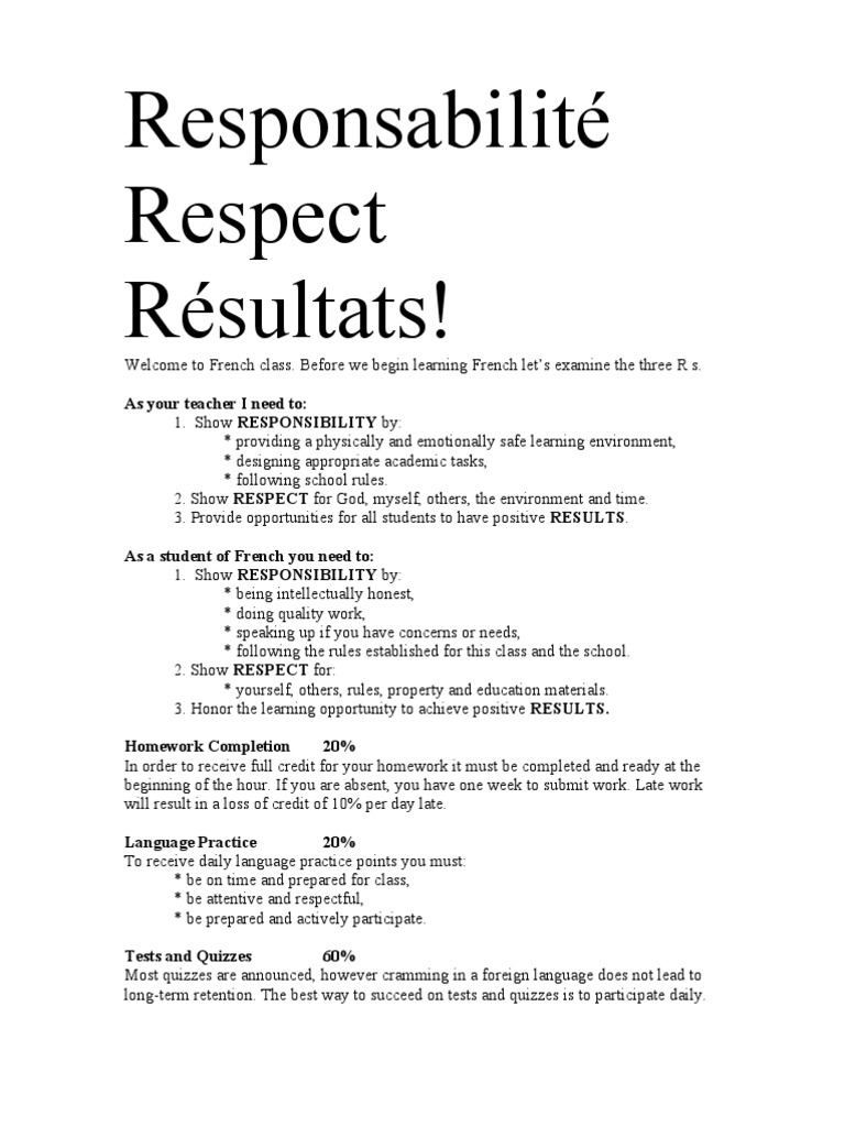 Three Rs: Classroom Rules in French | PDF | Classroom | Homework