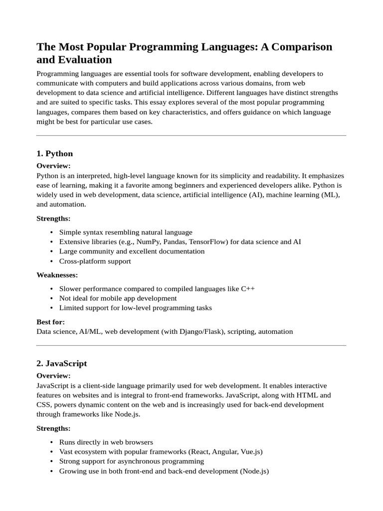 The Most Popular Programming Languages - A Comparison and Evaluation ...