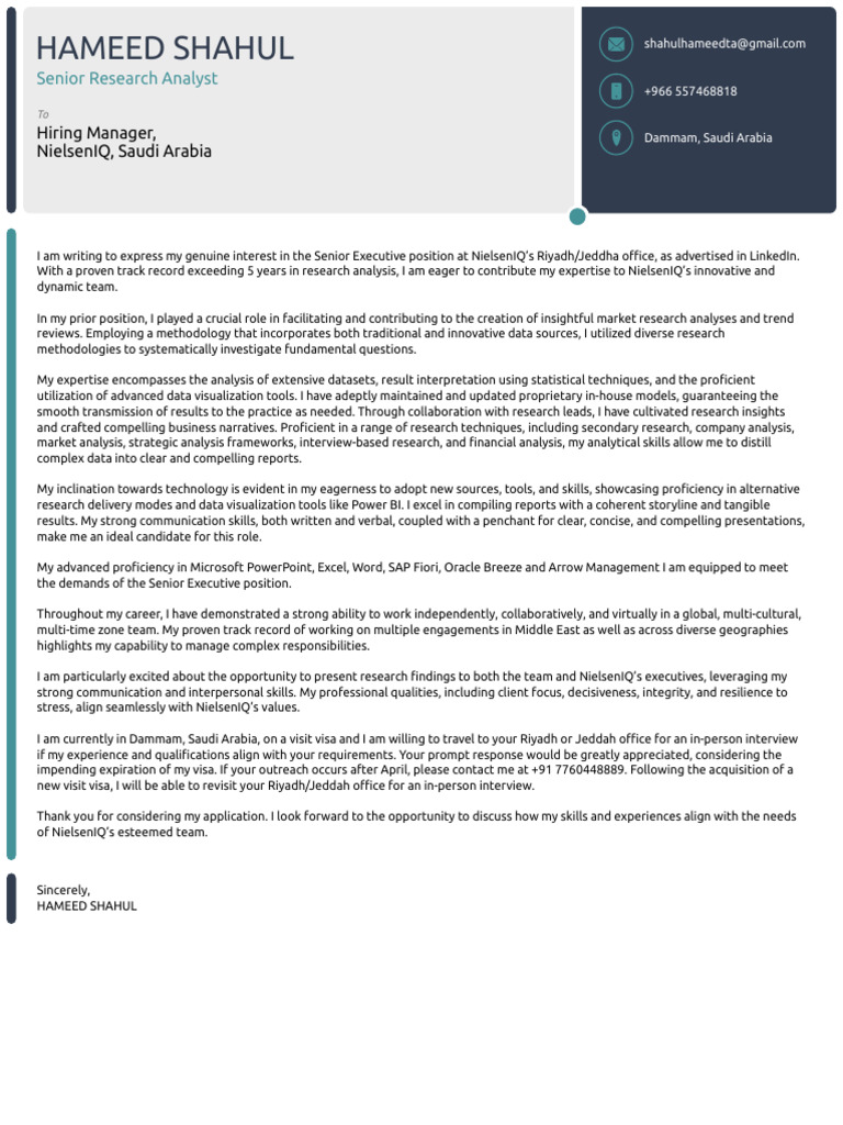 Senior Executive Cover Letter, NielsenIQ | PDF