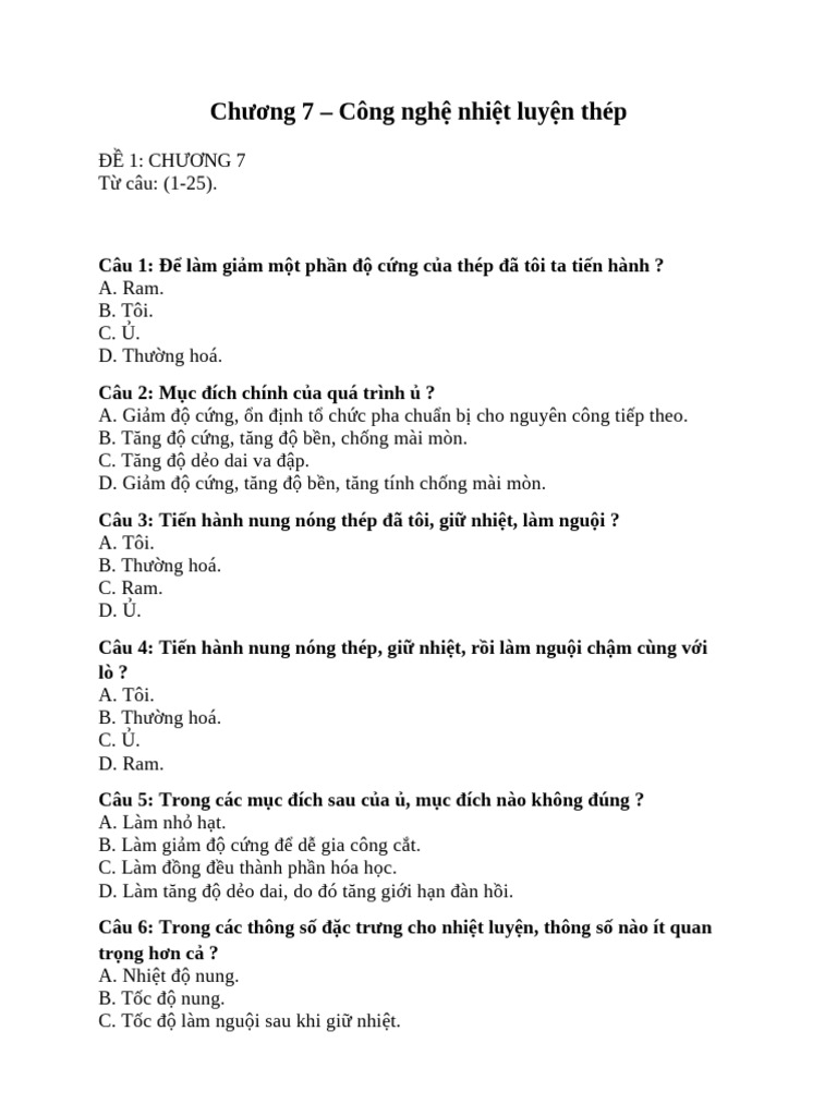 Câu Hoi TN Chương 4.2 Công Nghệ Nhiệt Luyện Thép | PDF