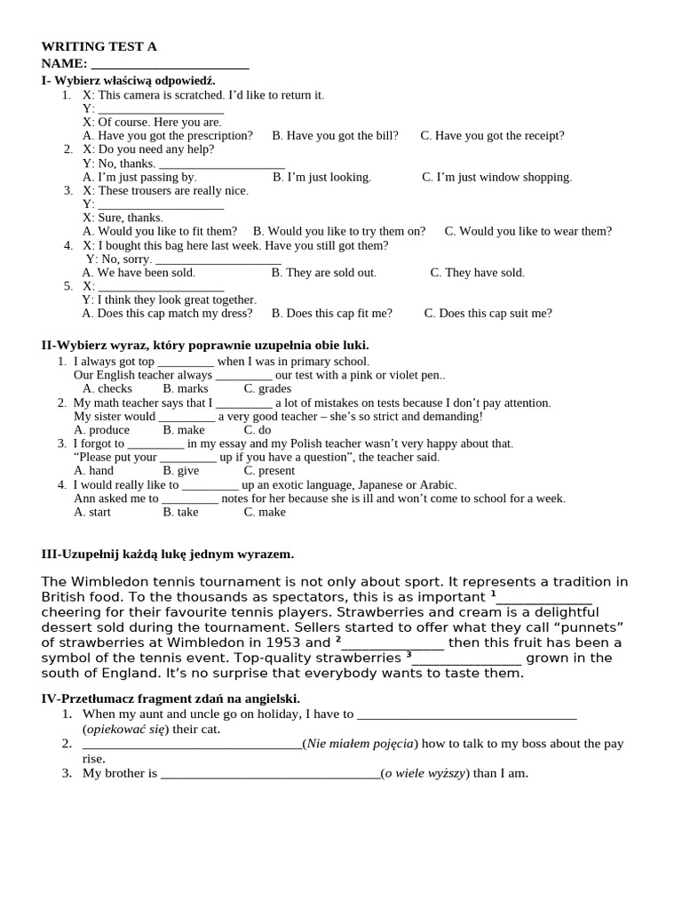 WRITING TEST A | PDF