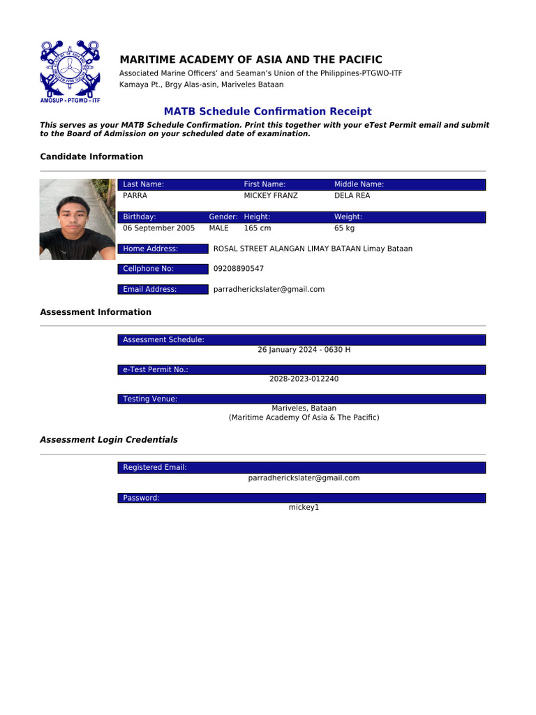 Assessment Schedule Confirmation Receipt | PDF