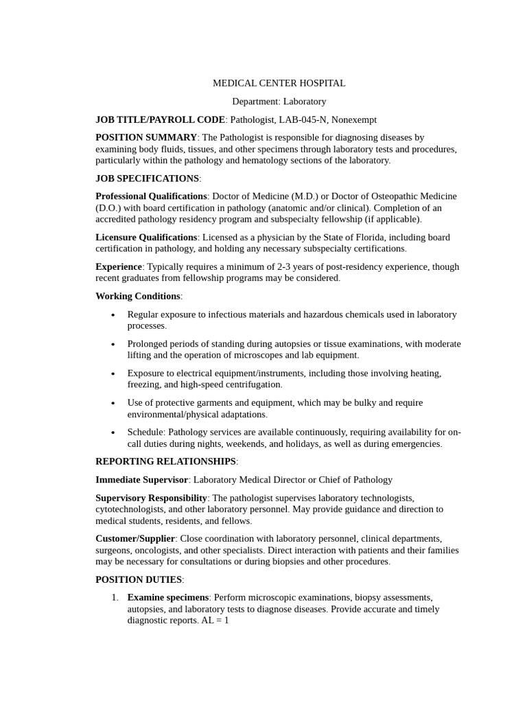 Job Description Pathologist | PDF | Pathology | Health Sciences