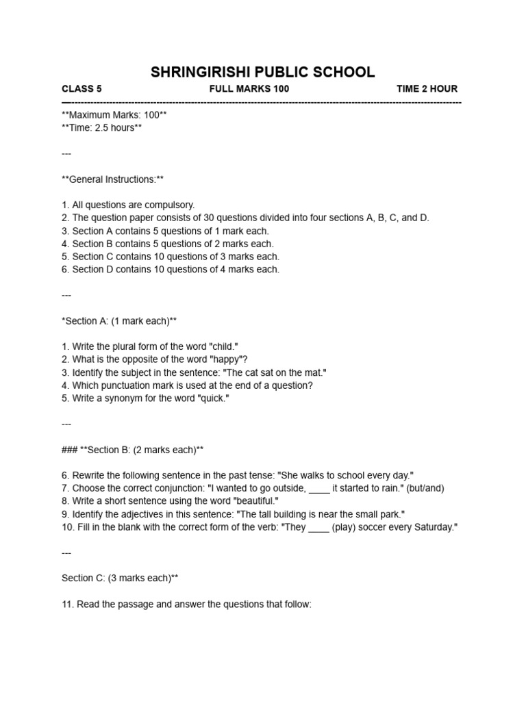 Class 5 English Model Question Paper | PDF | Verb | Language Mechanics