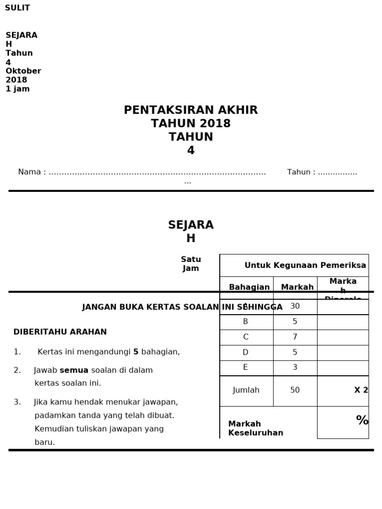 Ujian Akhir Tahun KSSR Tahun 4 Sejarah Set7 | PDF