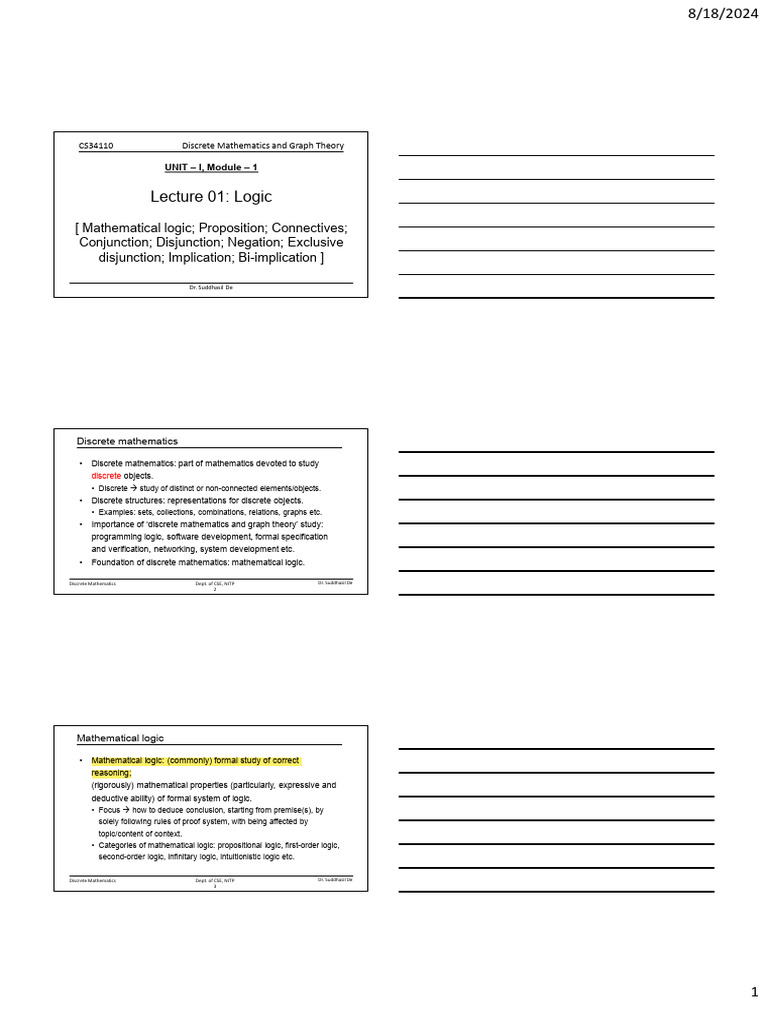 Lecture01 (Unit1, Module1-MathLogic Proposition LogicalOps-AND, OR, NOT, XOR Imply BiImply ...