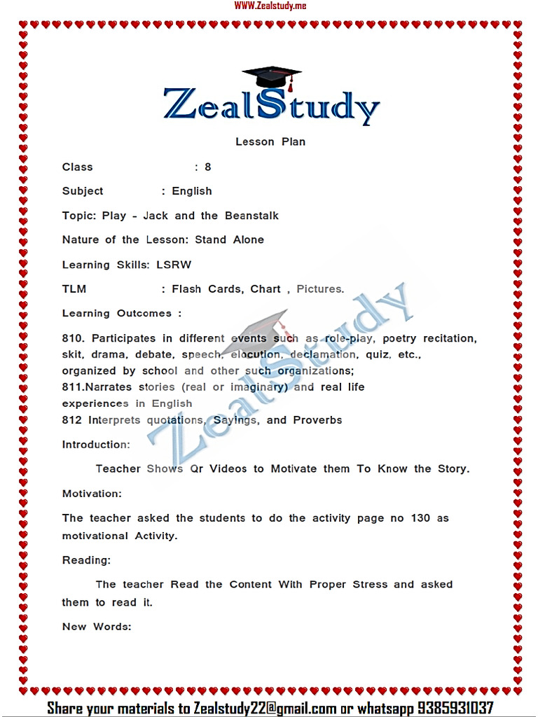 Zeal Study 34.8th Standard English Play - Jack and The Beanstalk | PDF