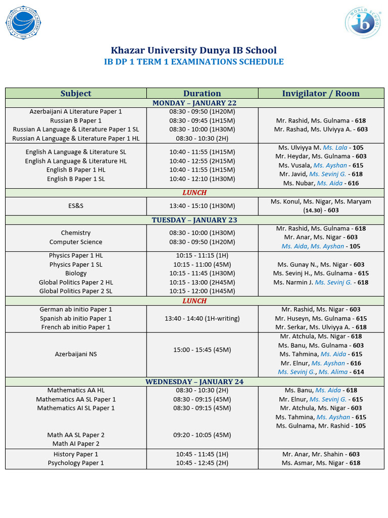 DP1 Term 1 Exam Schedule_Jan. 22-26, 2024 | PDF