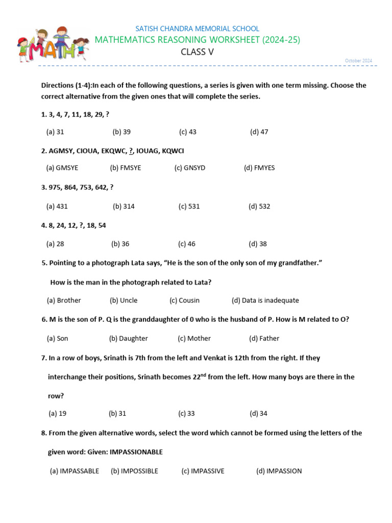 V Math Reasoning Worksheet | PDF | Mathematics