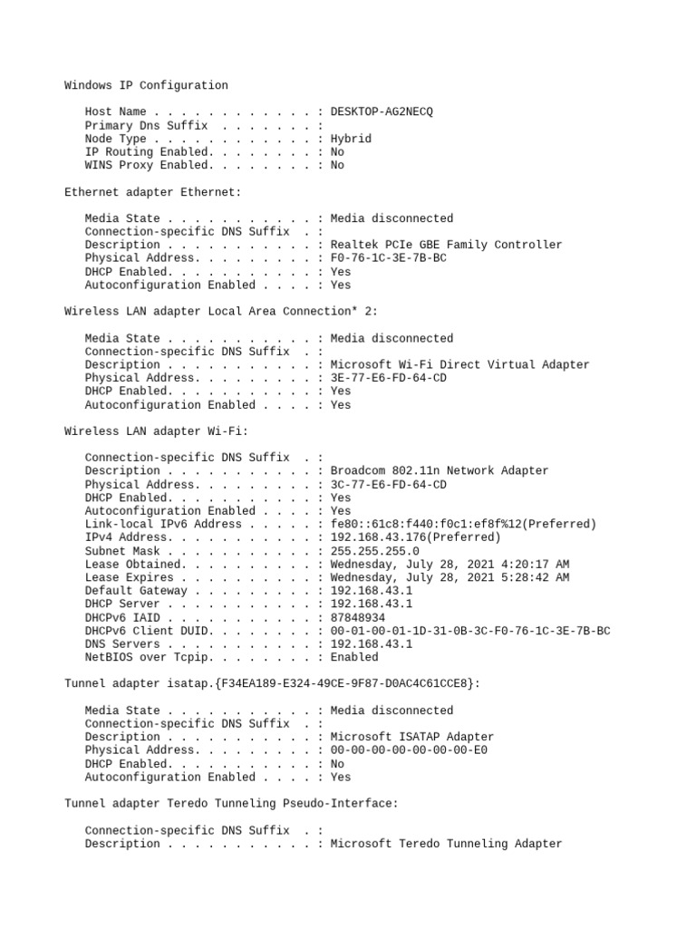 ipconfig.all | PDF | Ip Address | Network Layer Protocols