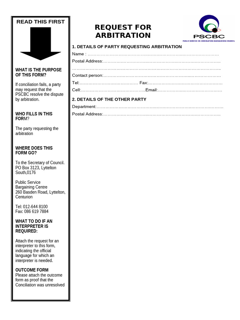 Arbitration Form Pscbc | PDF | Conflict (Process) | Business Law
